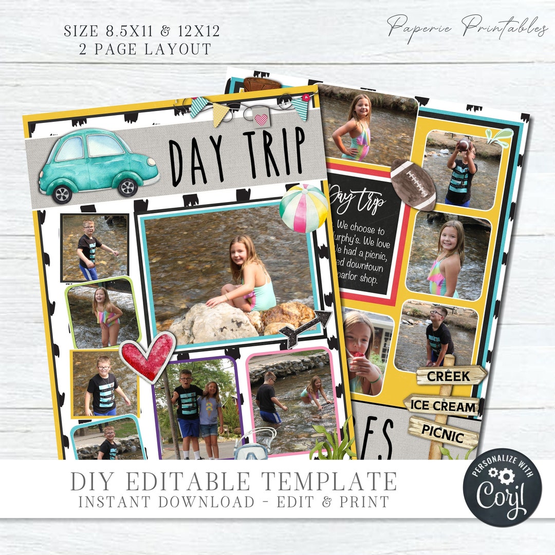 EDITABLE Scrapbooking Quick Pages, Day Trip Scrapbooking Album Pages ...