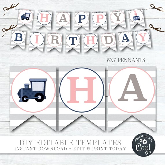 EDITABLE Happy Birthday Pennant Banner Choo Choo and Tutus | Etsy