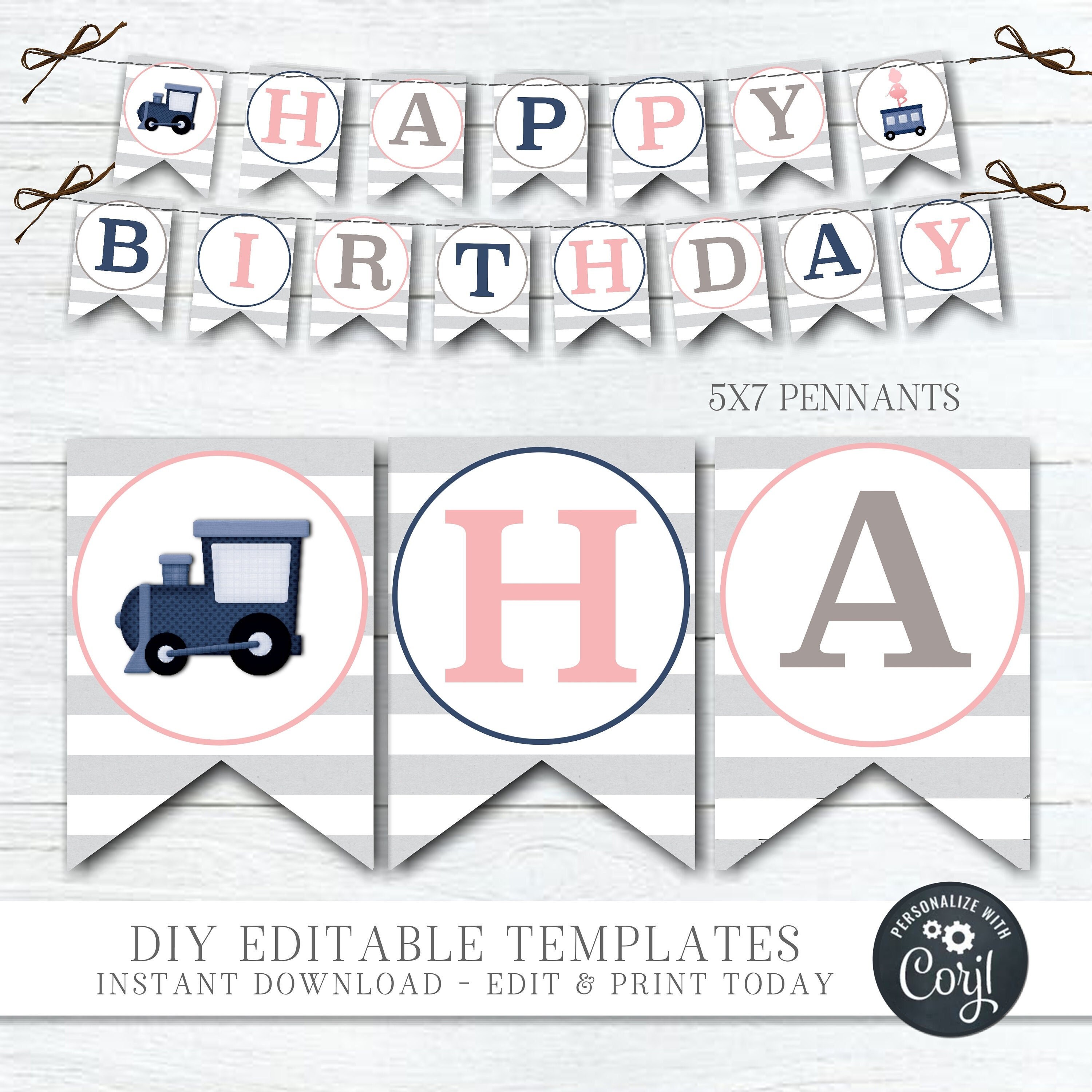 EDITABLE Happy Birthday Pennant Banner Choo Choo and Tutus | Etsy