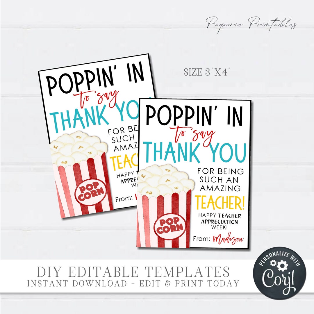 Editable Popcorn Teacher Appreciation Gift Tag (digital Download) # ...