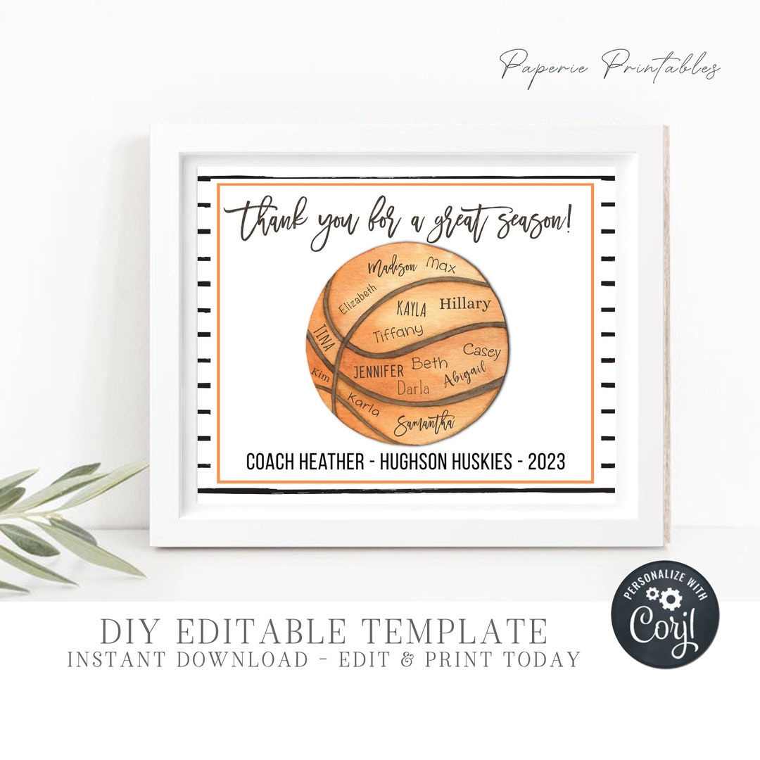 Editable Basketball Coach Gift Printable: Team Appreciation (DIY Corjl ...