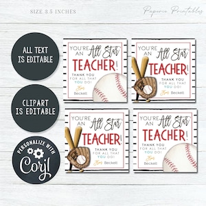 Baseball Teacher Appreciation Gift Tag: Editable All Star Design (DIY ...