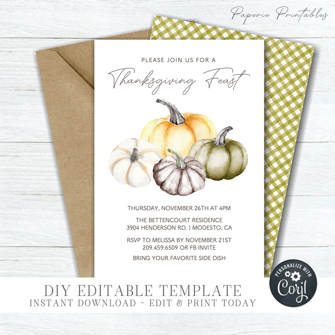 Editable Thanksgiving Feast Invitation Template (DIY With Corjl) #TG05 ...