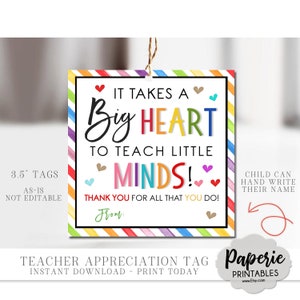 EDITABLE Thank You Teacher Appreciation Tag, Take BIG Heart Teach ...