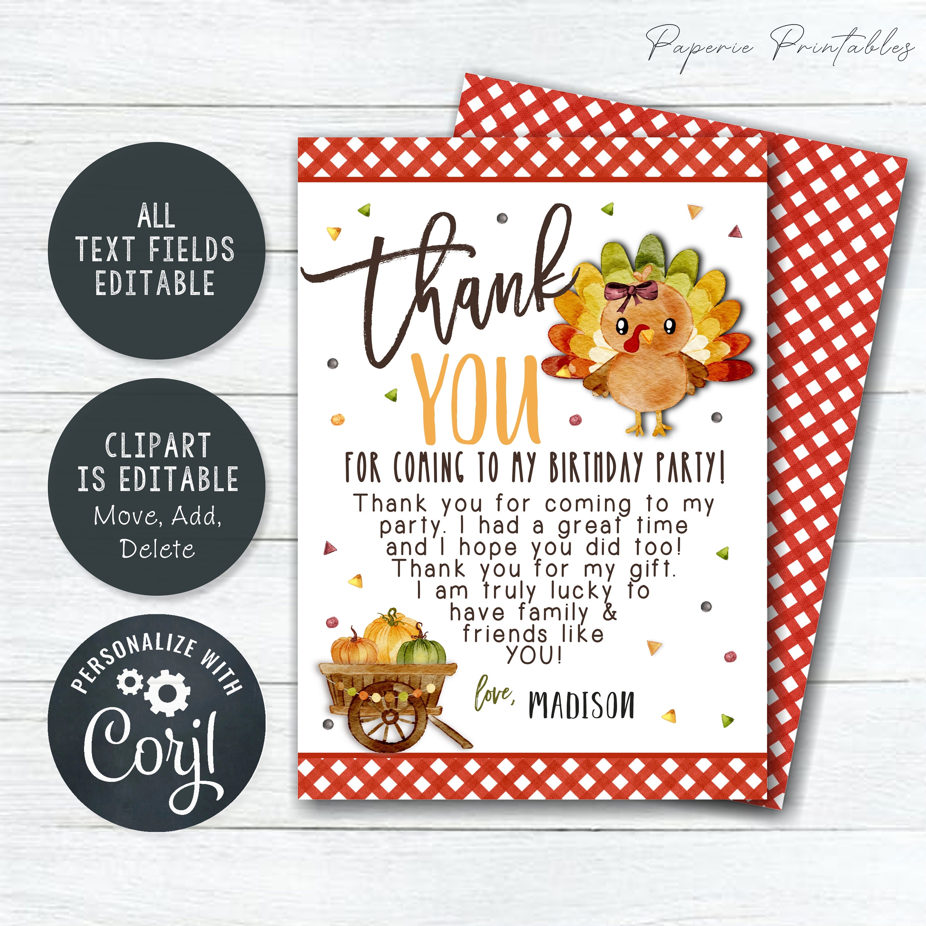 EDITABLE Little Turkey Birthday Thank You Card Thanksgiving | Etsy