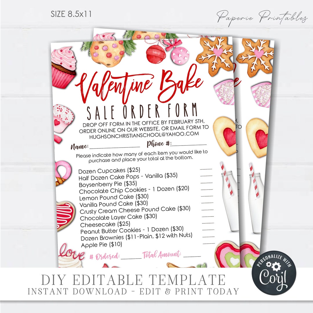 EDITABLE Valentine Bake Sale Order Form, Valentine Bake Order Template ...