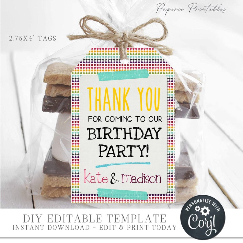 Editable Birthday Thank You Tag Birthday Party Favor Tag - Etsy