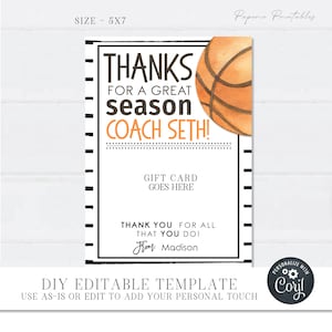 EDITABLE Basketball Coach Appreciation Gift Card Holder, Thanks for a ...