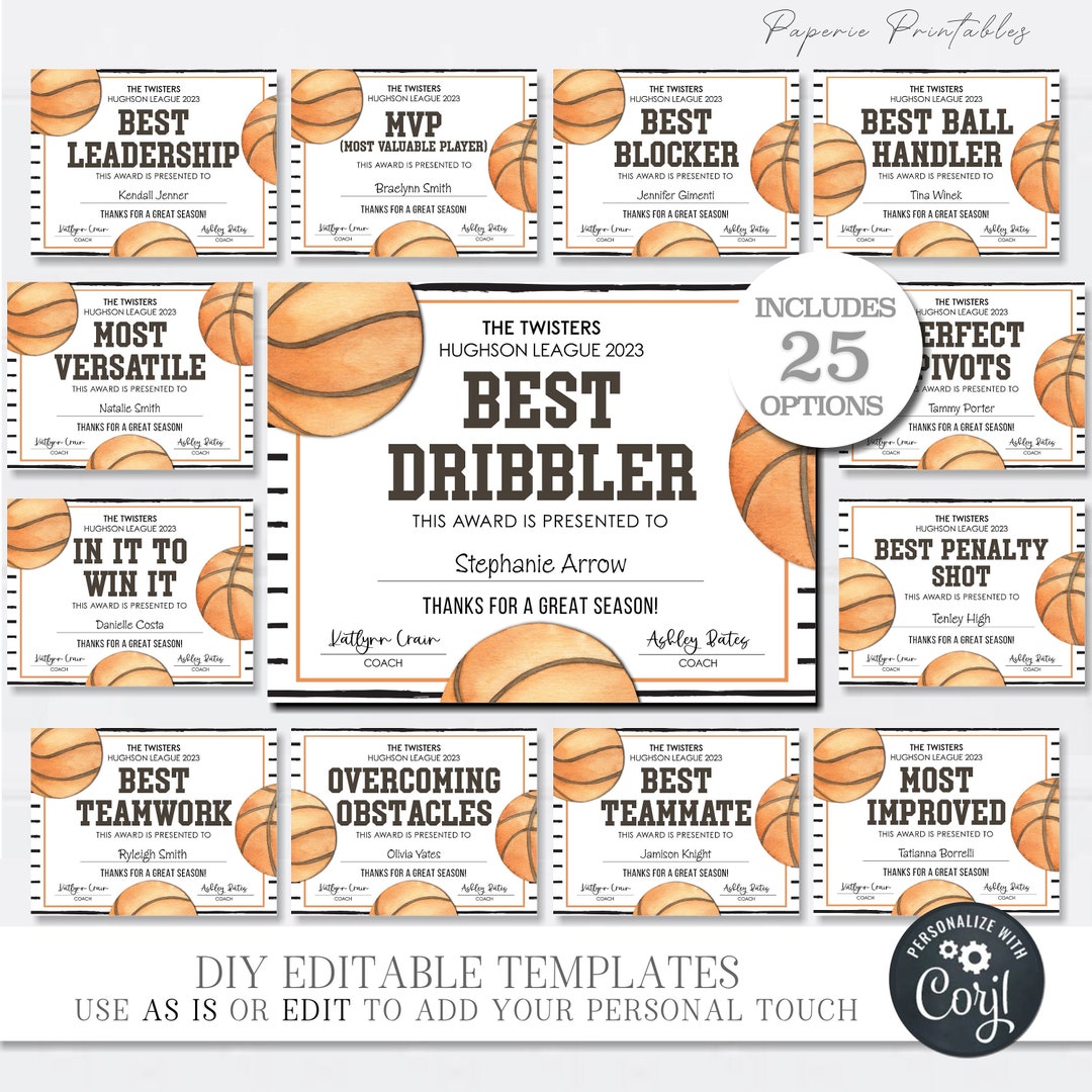 Editable Basketball Award Certificates: Team Awards (DIY With Corjl) - Etsy