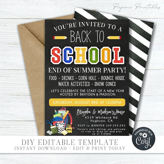 EDITABLE Back to School Party Invitation End of Summer Party | Etsy