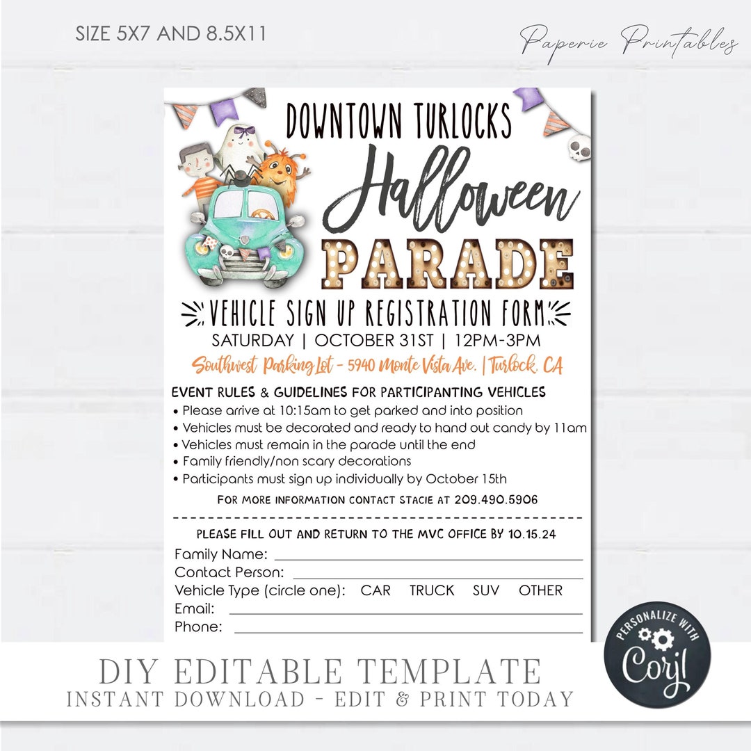 Editable Halloween Parade Vehicle Registration Form (digital Download ...