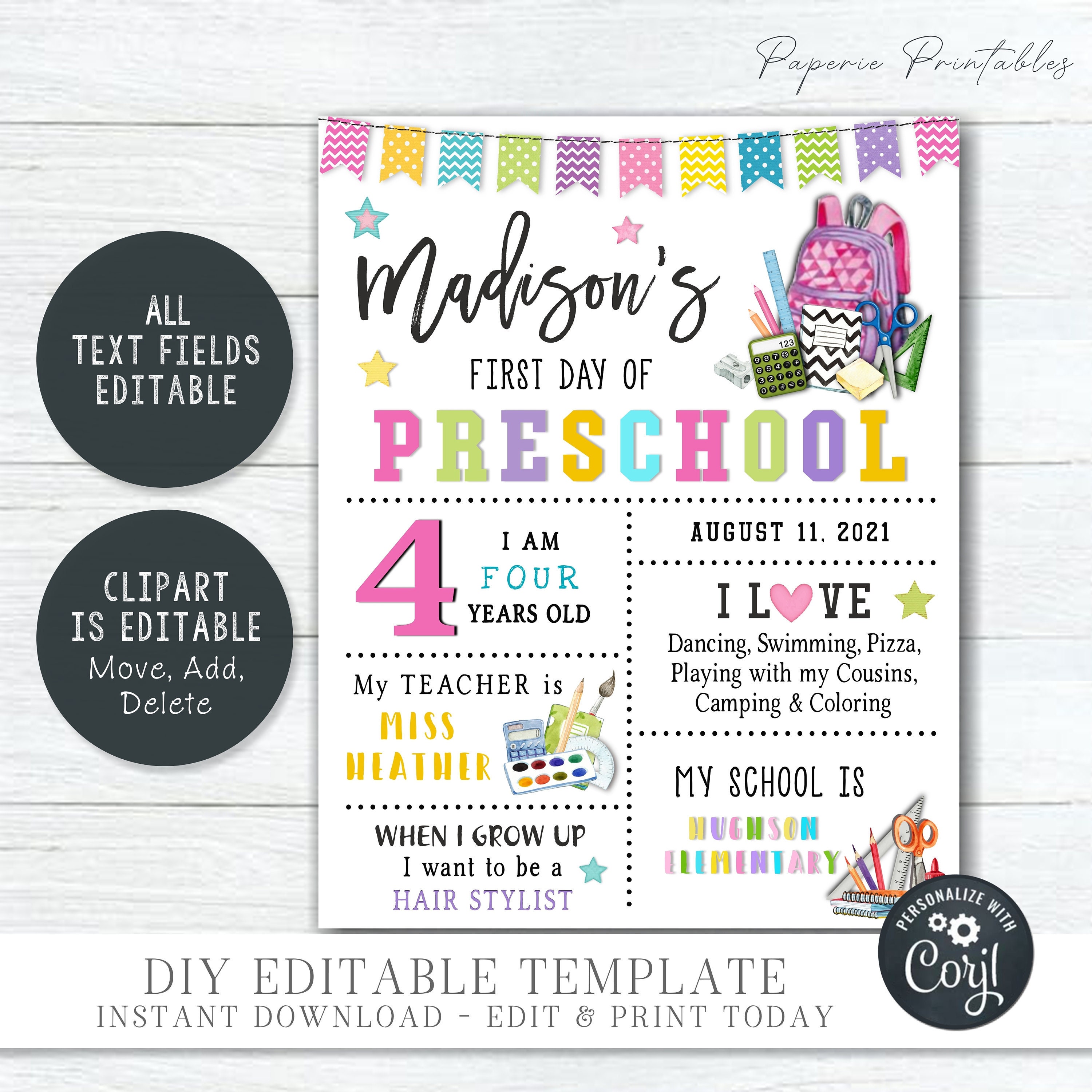 EDITABLE Girl First Day of School Sign Back to School Sign - Etsy