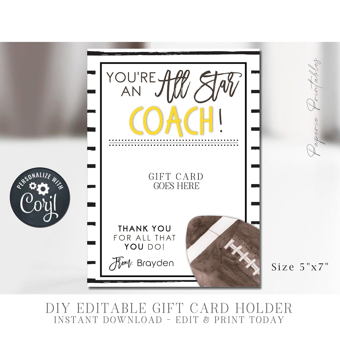 EDITABLE Football Coach Appreciation Gift Card Holder, Coach ...