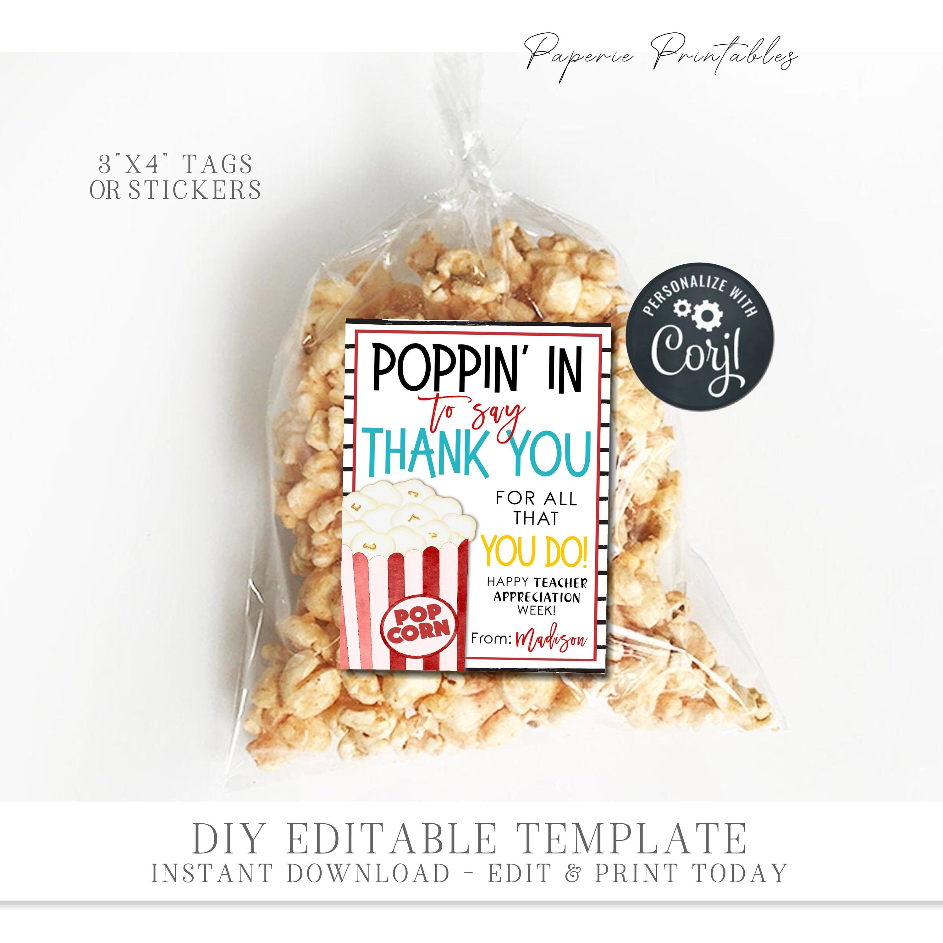 Editable Popcorn Teacher Appreciation Gift Tag (digital Download) # ...
