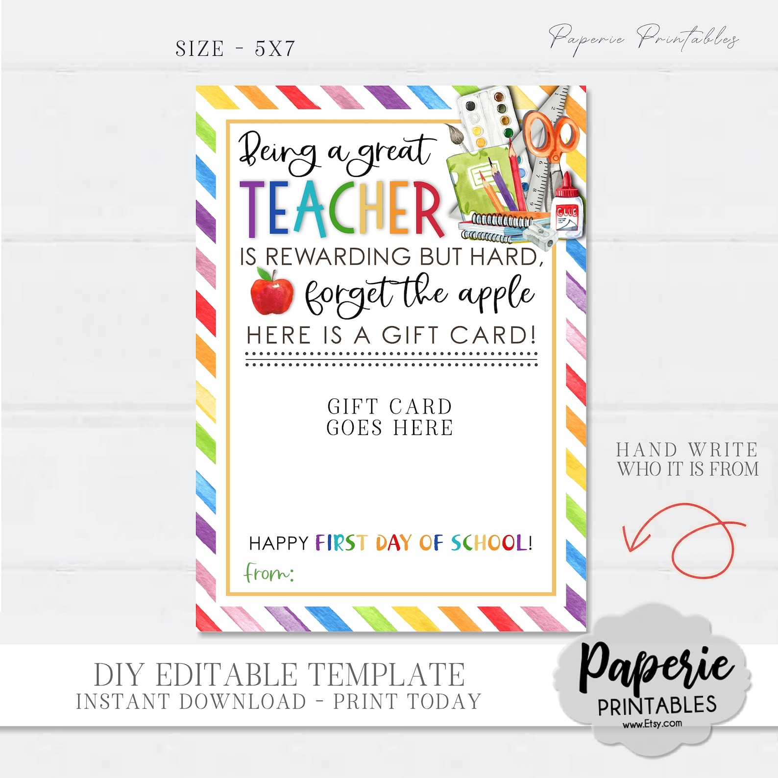 EDITABLE First Day of School Teacher Gift Card Holder, Teacher 1st Day ...