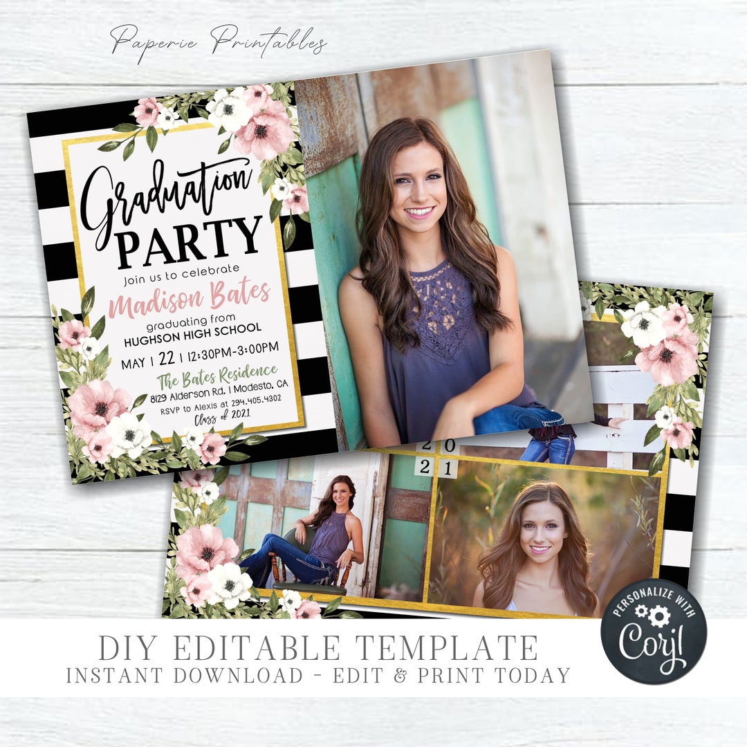 Editable Girl Graduation Party Invitation: Gold Foil Floral (DIY Corjl ...