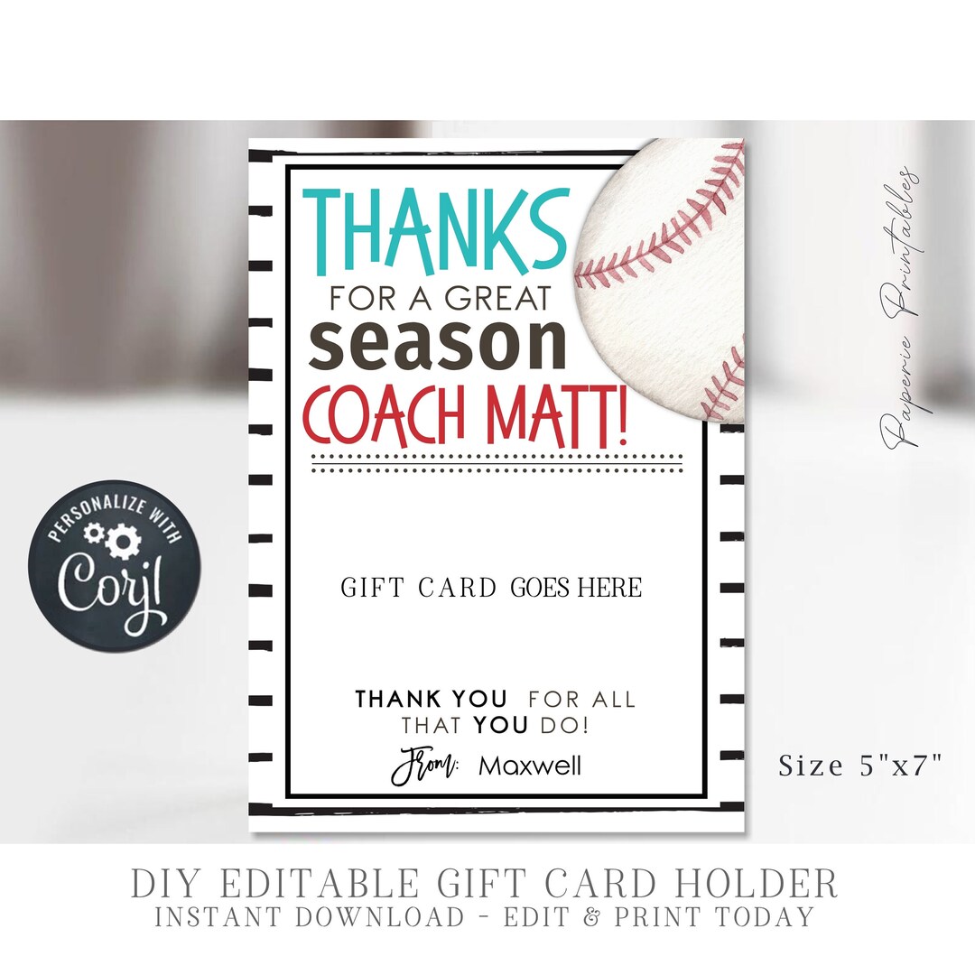 EDITABLE Baseball Coach Appreciation Gift Card Holder, Thanks for a ...