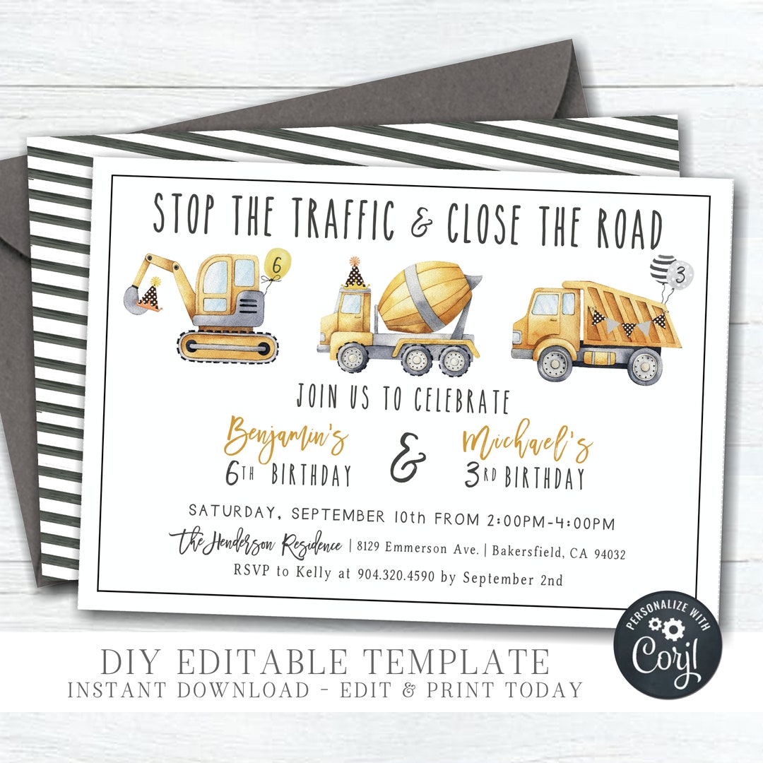EDITABLE Siblings Construction Birthday Invitation, Construction ...