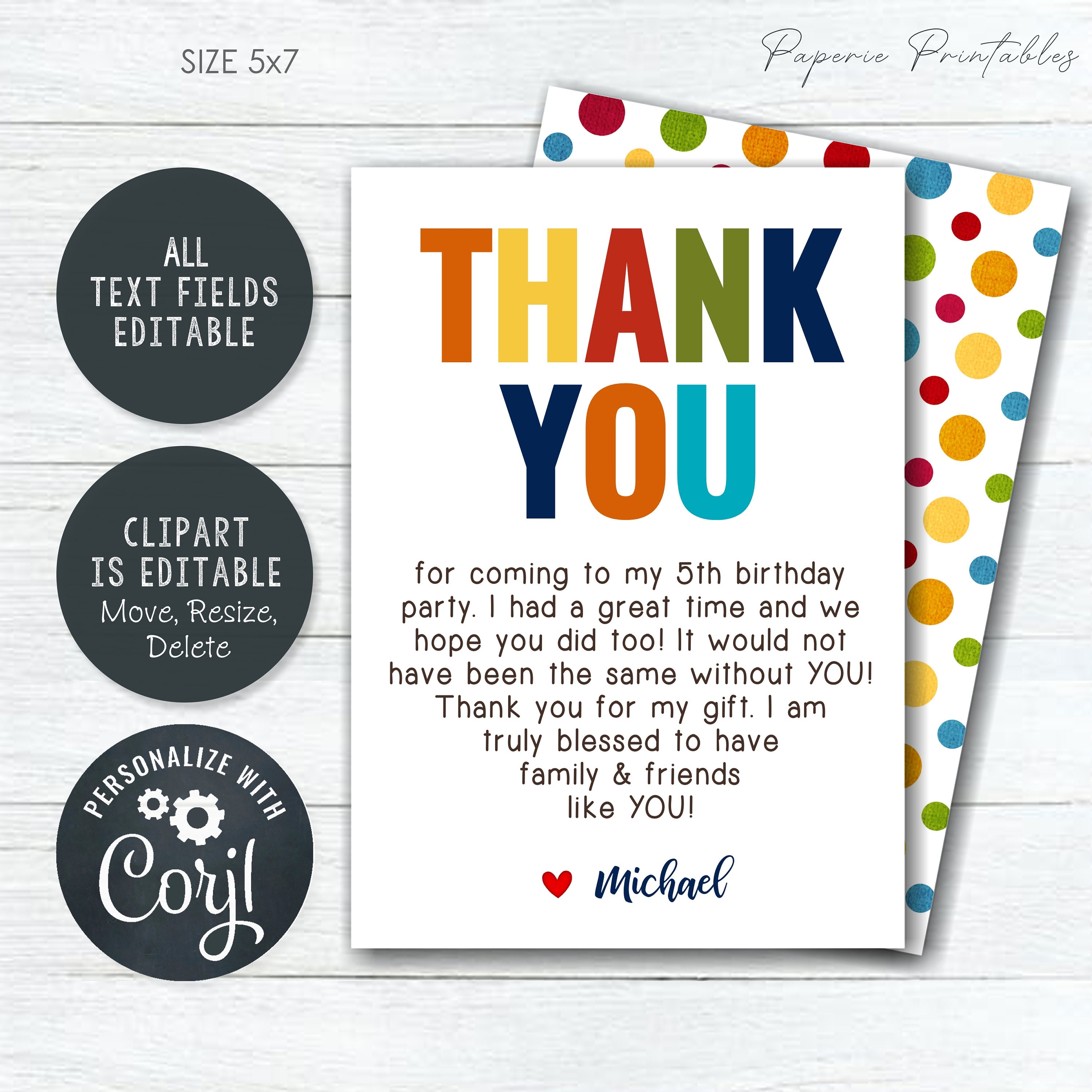 Editable Thank You Card Birthday Party Thank You Card - Etsy