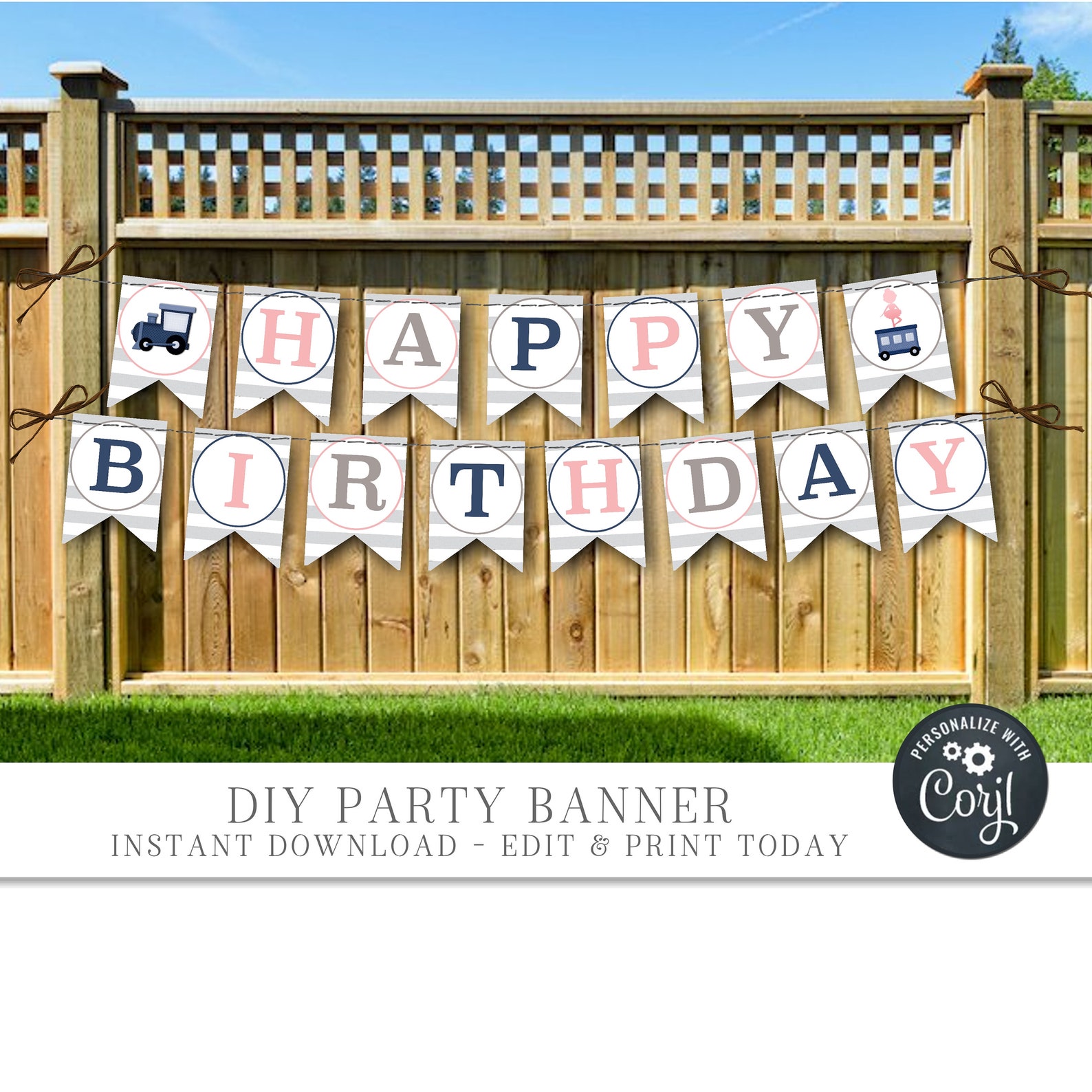 EDITABLE Happy Birthday Pennant Banner Choo Choo and Tutus - Etsy