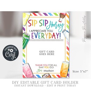 EDITABLE Teacher Appreciation Gift Card Holder, Sip Sip Hooray Teacher ...