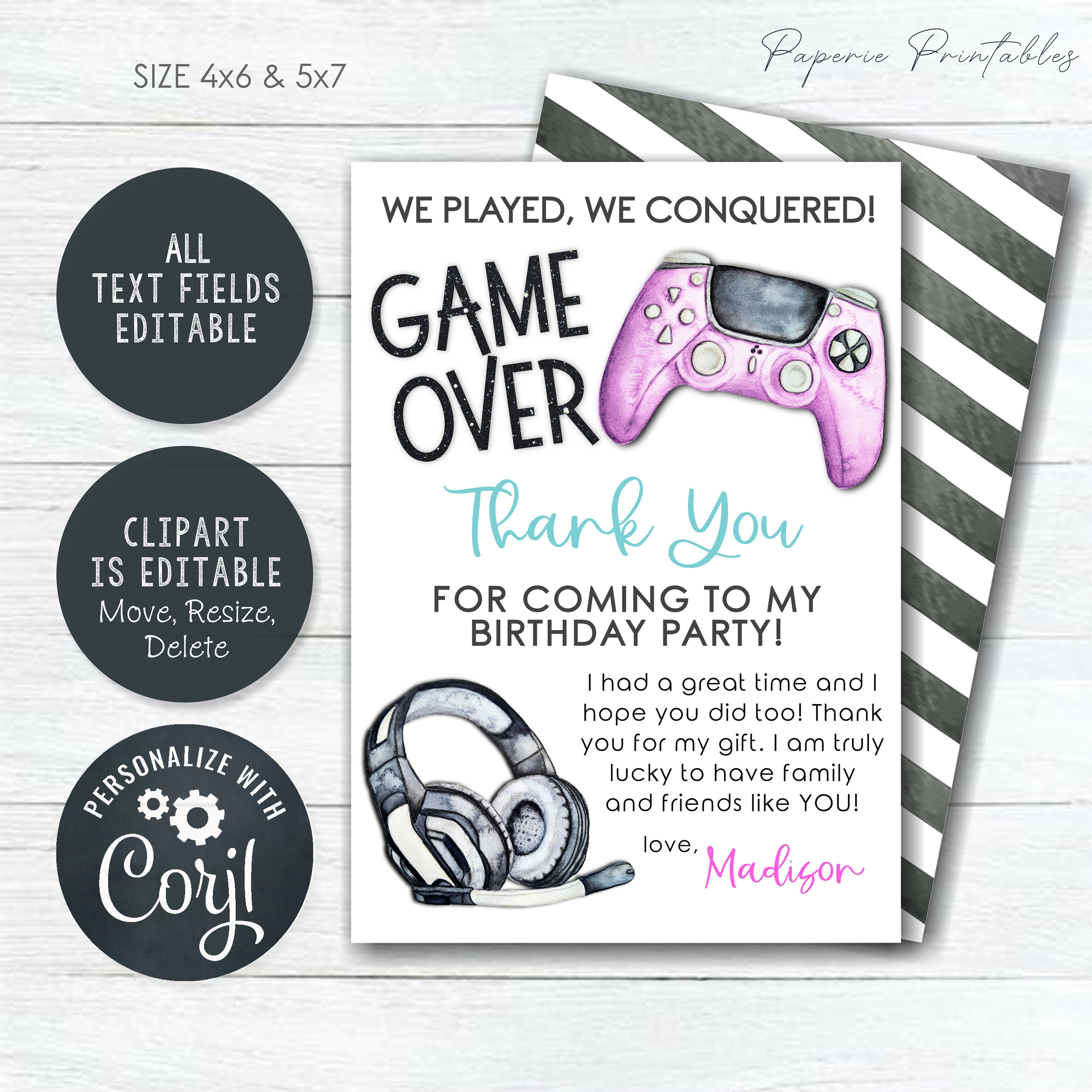 EDITABLE Gaming Birthday Thank You Card Video Game Birthday - Etsy México