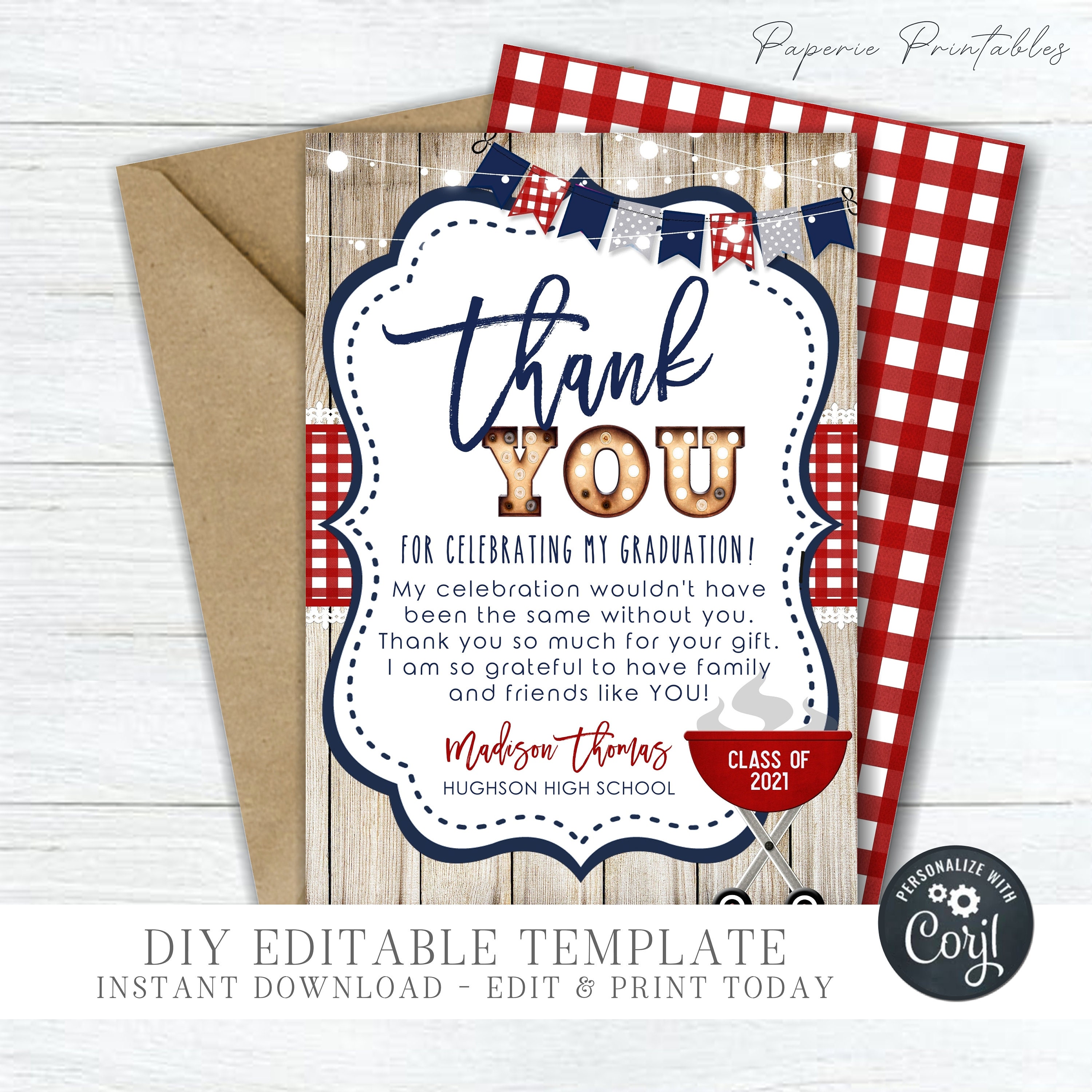 EDITABLE Graduation BBQ Thank You Card Thank You Graduation - Etsy
