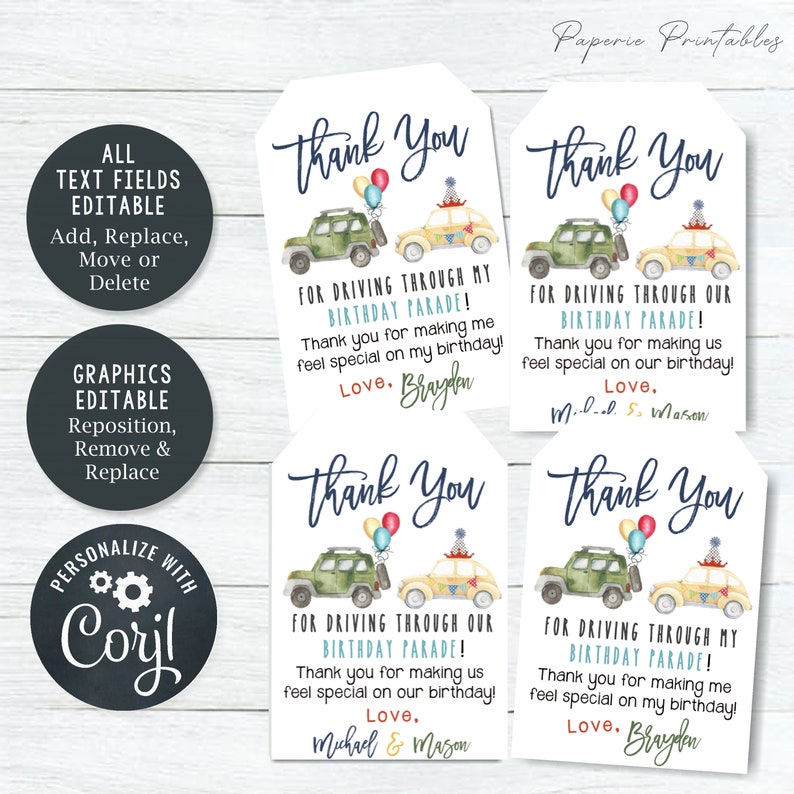 Editable Boy Drive by Birthday Favor Tags (digital Download) #BP44 - Etsy