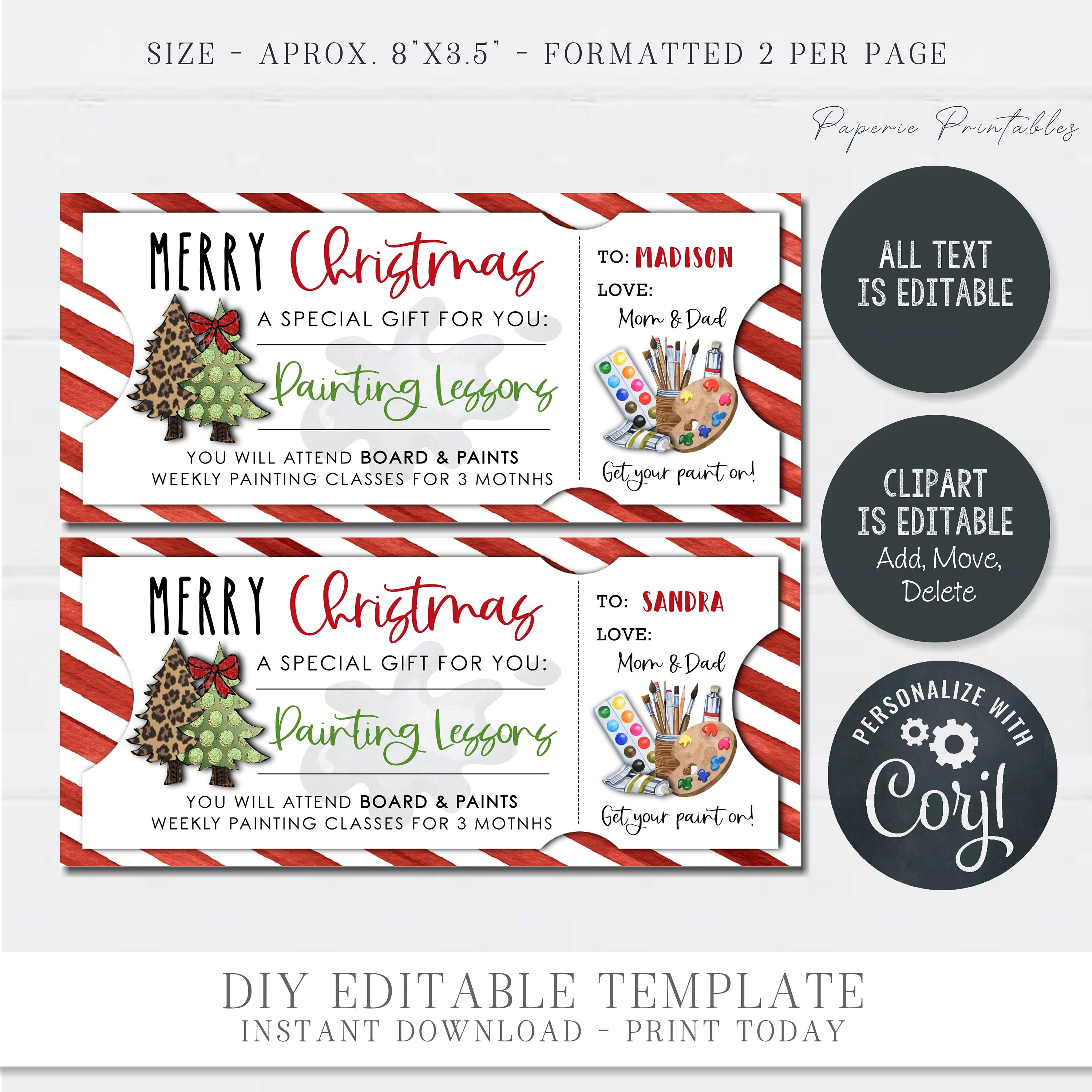 EDITABLE Painting Lessons Coupon Christmas Gift Christmas - Etsy