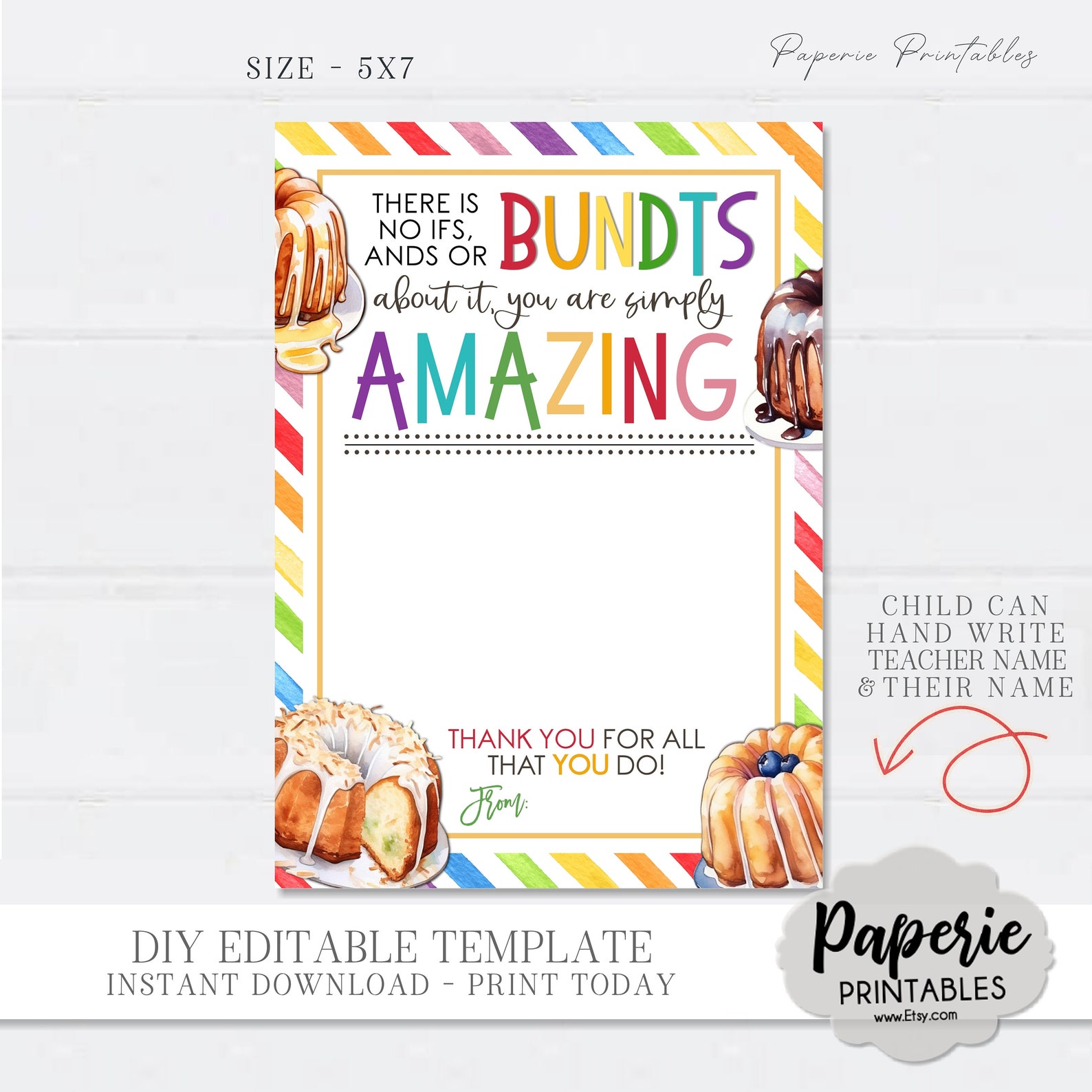 EDITABLE Bundt Cake Teacher Appreciation Gift Card Holder, Nothin ...