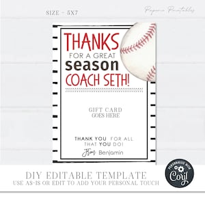 EDITABLE Baseball Coach Appreciation Gift Card Holder, Thanks for a ...