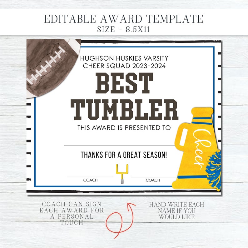 Editable Cheerleading Award Certificate: Yellow & Blue Team (DIY Corjl ...