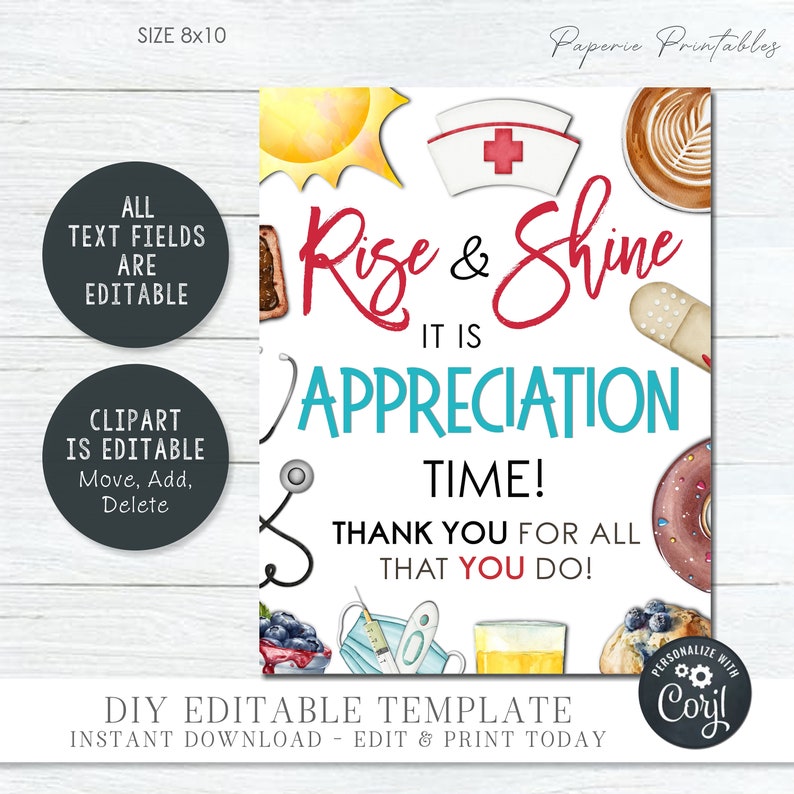 Editable Nurse Appreciation Sign: Rise and Shine Breakfast Theme ...