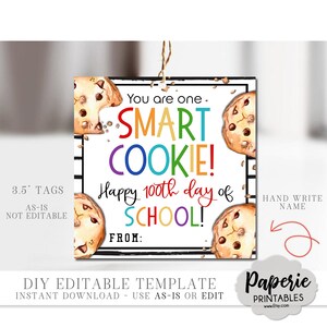 EDITABLE You Are One SMART Cookie 100 Days of Schoo Tag, 100 Days of ...
