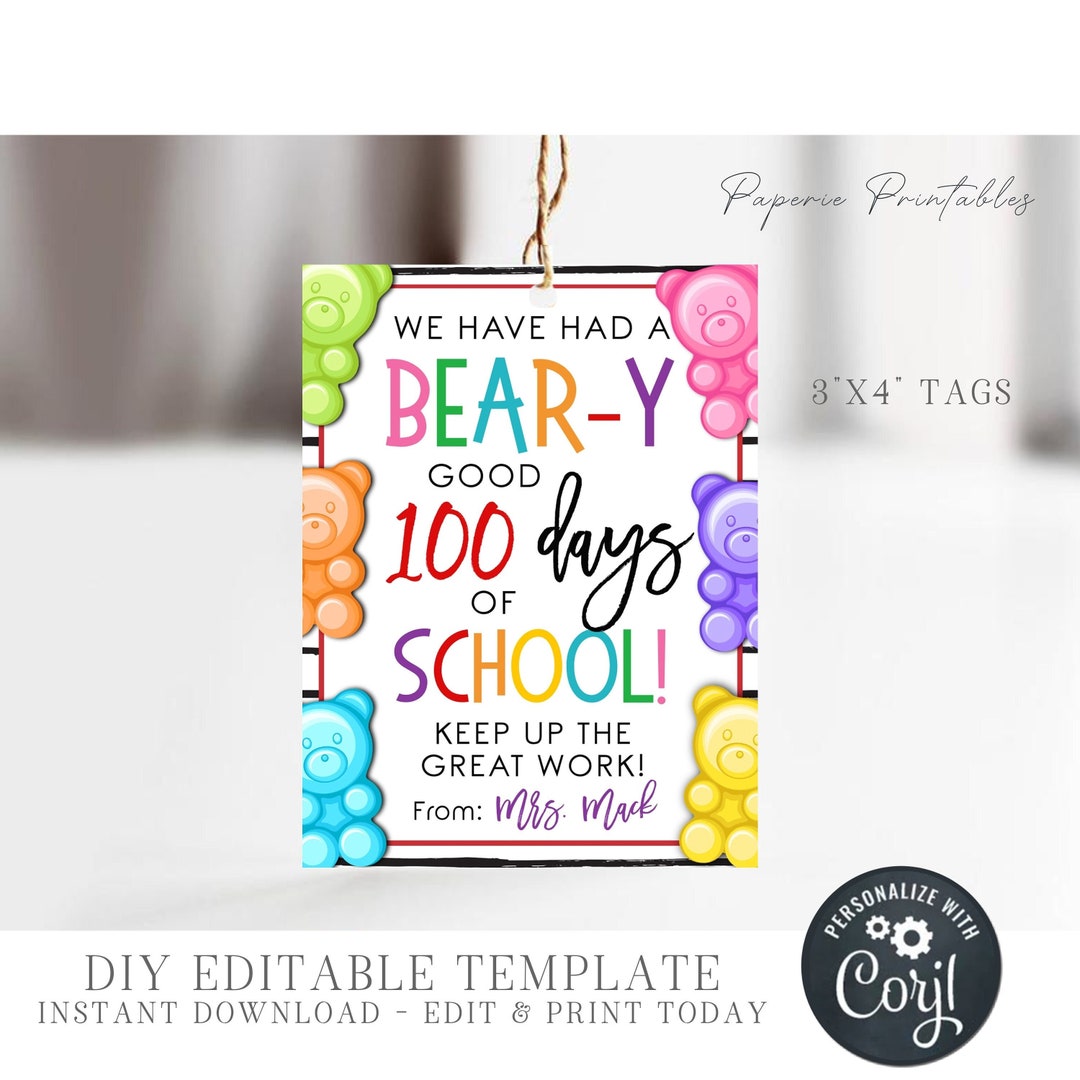 EDITABLE 100 Days of Schoo Gift Tag, Gummy Bear 100 Days of School Gift ...
