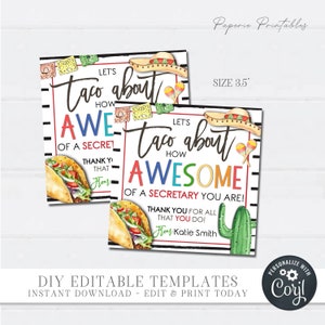 EDITABLE Taco About Secretary Appreciation Gift Tag, Secretary ...