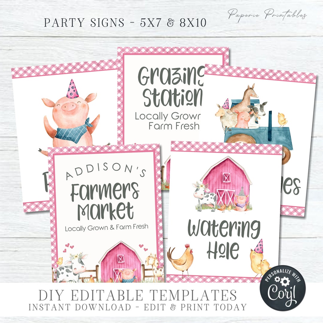 EDITABLE Farm Party Signs DIY Barnyard Party Signs Grazing Station ...