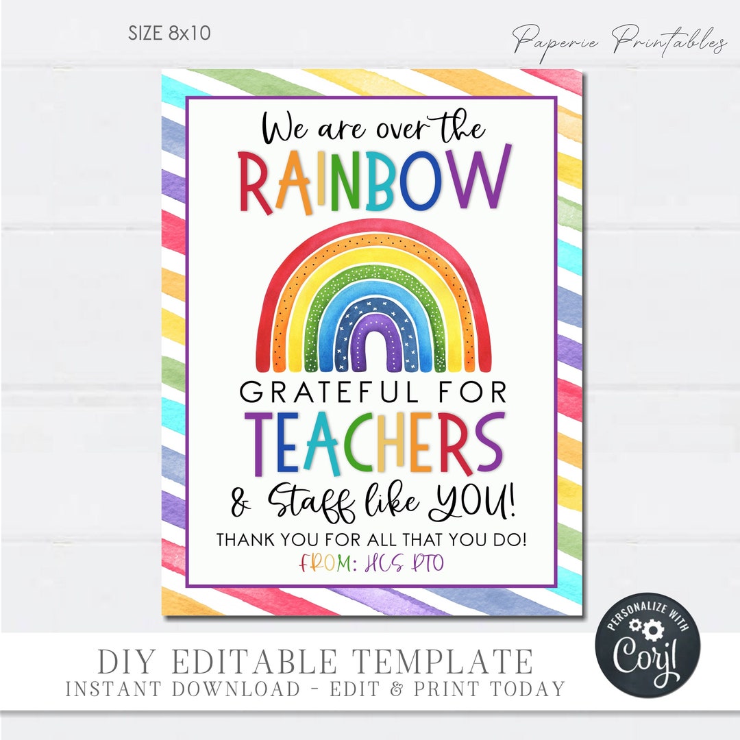 EDITABLE Teacher and Staff Appreciation Sign, Rainbow Thank You for All ...