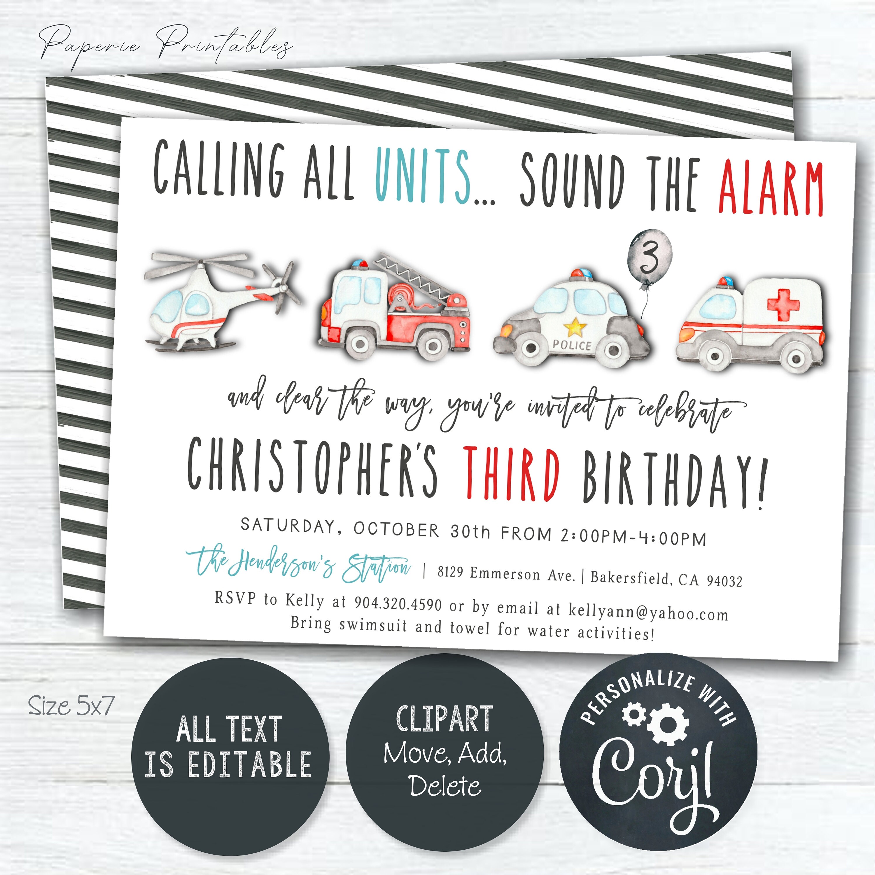 EDITABLE First Responders Birthday Invitation Emergency - Etsy