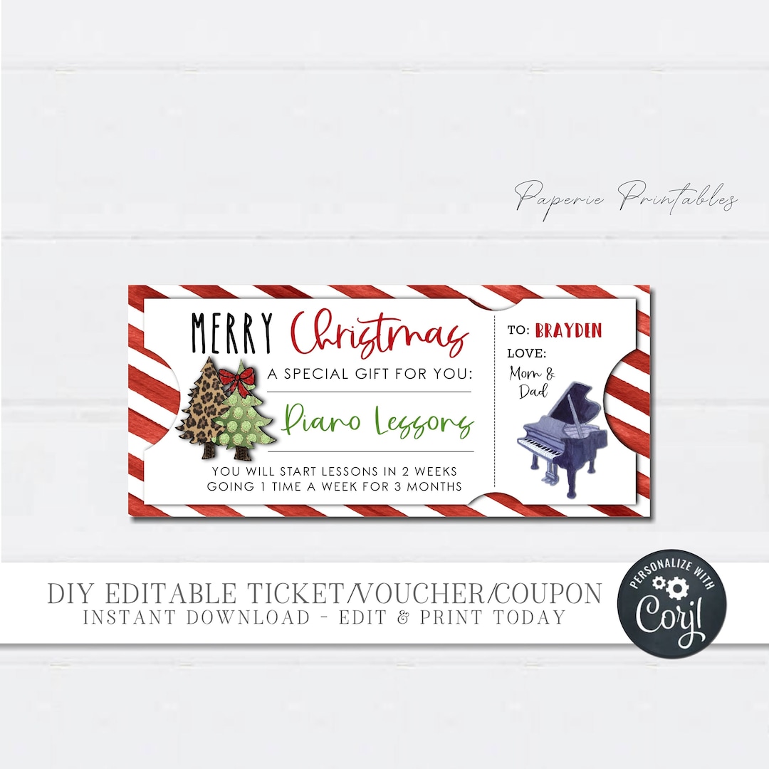 EDITABLE Piano Lessons Coupon Christmas Gift, Christmas Gift Piano ...