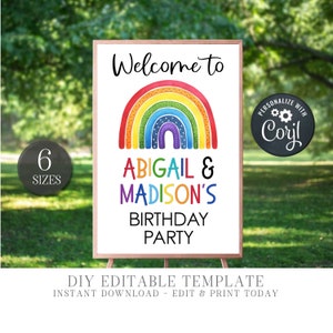 Editable Rainbow Birthday Welcome Sign, Rainbow Party Decoration ...