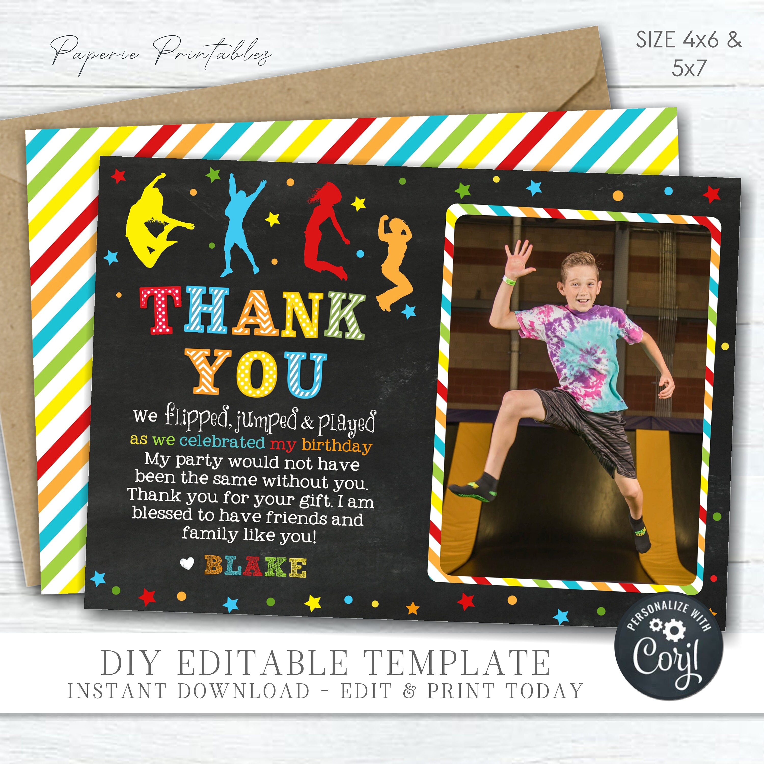 Trampoline Birthday Thank You Card: Editable Jump Party (digital ...