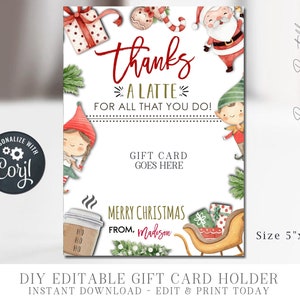 EDITABLE Christmas Gift Card Holder, Christmas Thanks a LATTE Gift Card ...