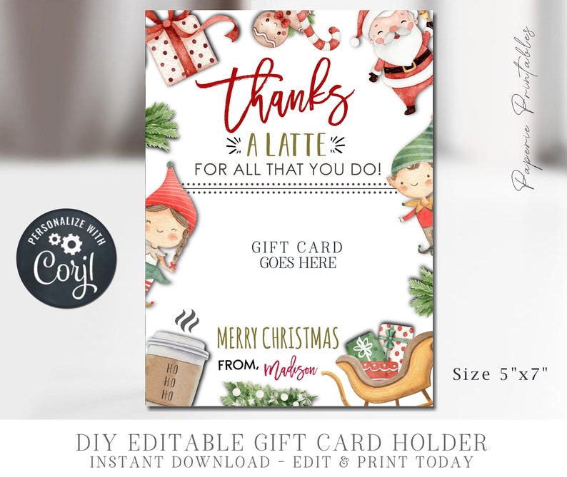 EDITABLE Christmas Gift Card Holder, Christmas Thanks a LATTE Gift Card ...
