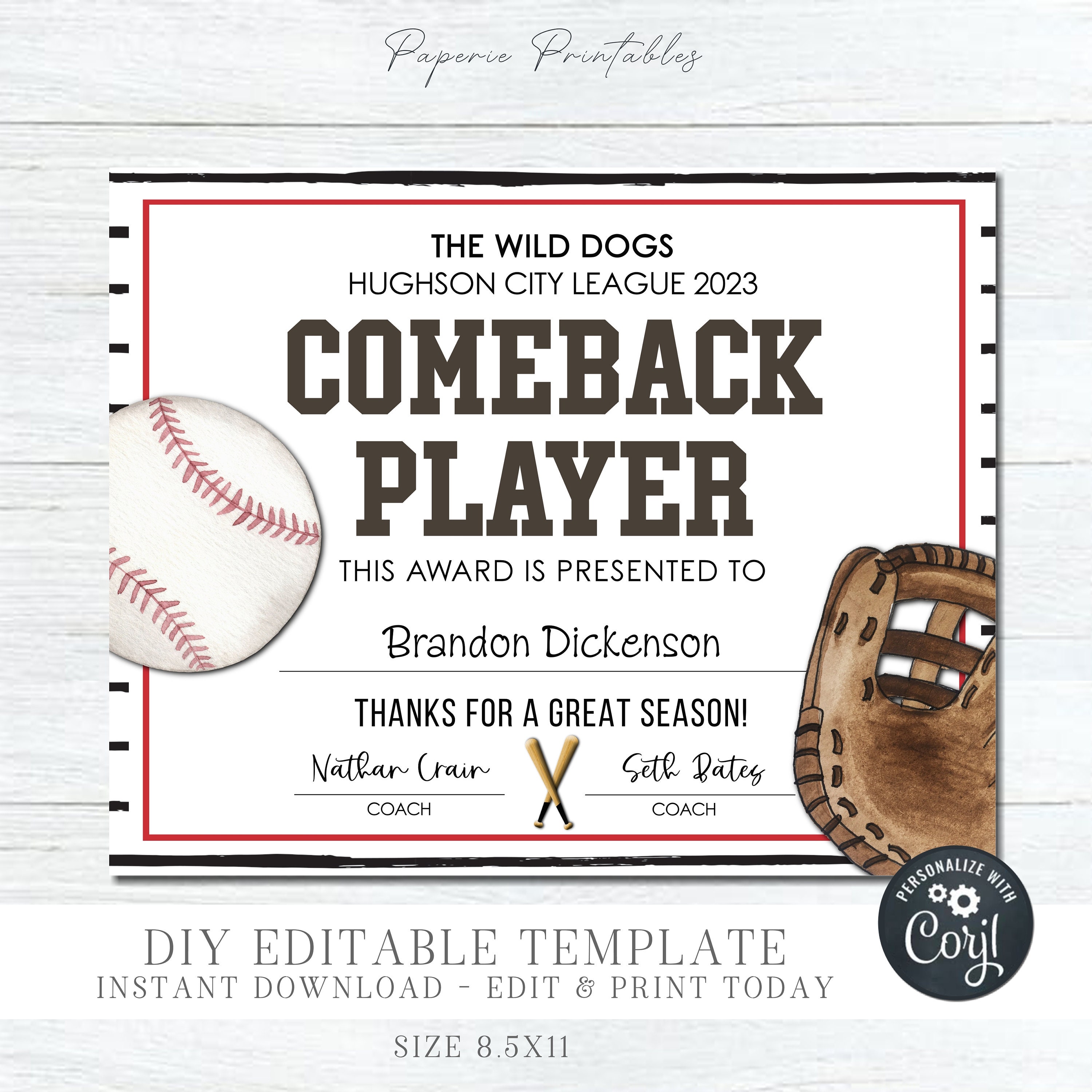 Editable Baseball Award Certificates: Team Party Printables (DIY W ...