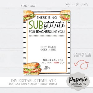 EDITABLE Teacher Appreciation Gift Card Holder, No Sub-stitute Teacher ...