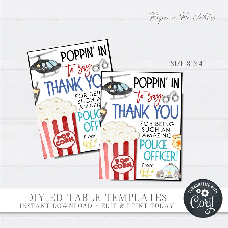 Editable Popcorn Police Appreciation Gift Tags (DIY Corjl, Digital ...