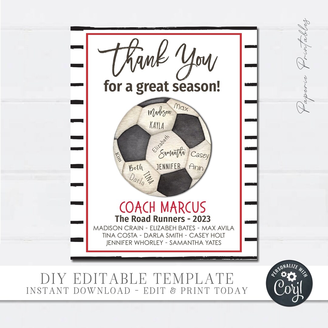 Editable Soccer Coach Gift Printable: Team Appreciation (DIY Corjl) - Etsy