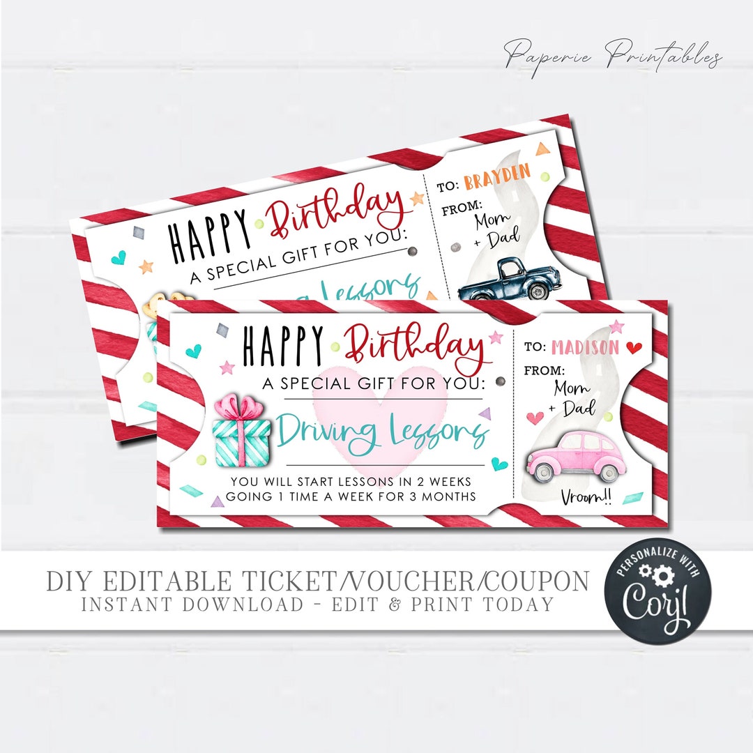 EDITABLE Driving Lessons Birthday Gift Coupon, Driving Lessons Birthday ...