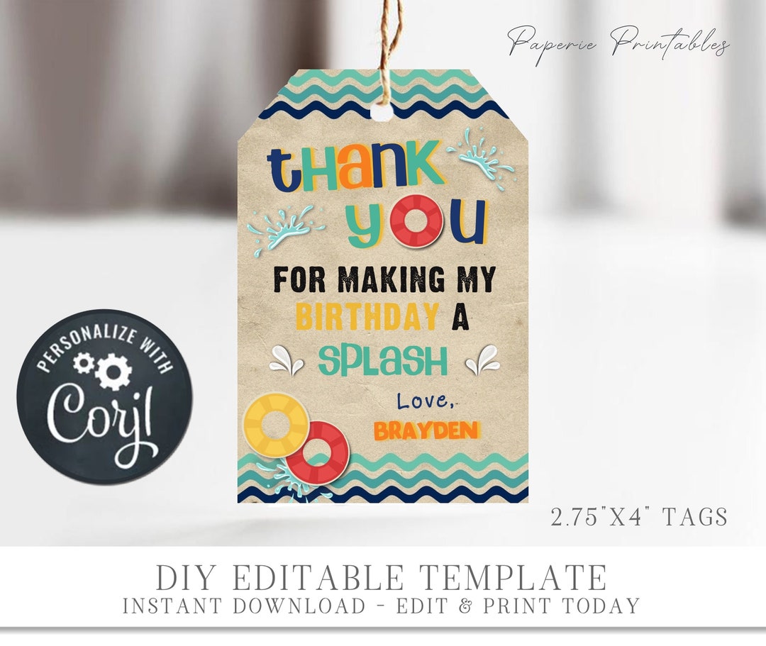 Editable Pool Party Birthday Party Favor Tags, Pool Party Favor Tags ...